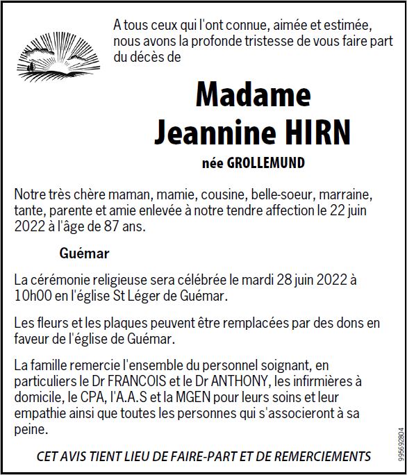 Avis de décès et d'obsèques de Mme Jeannine HIRN